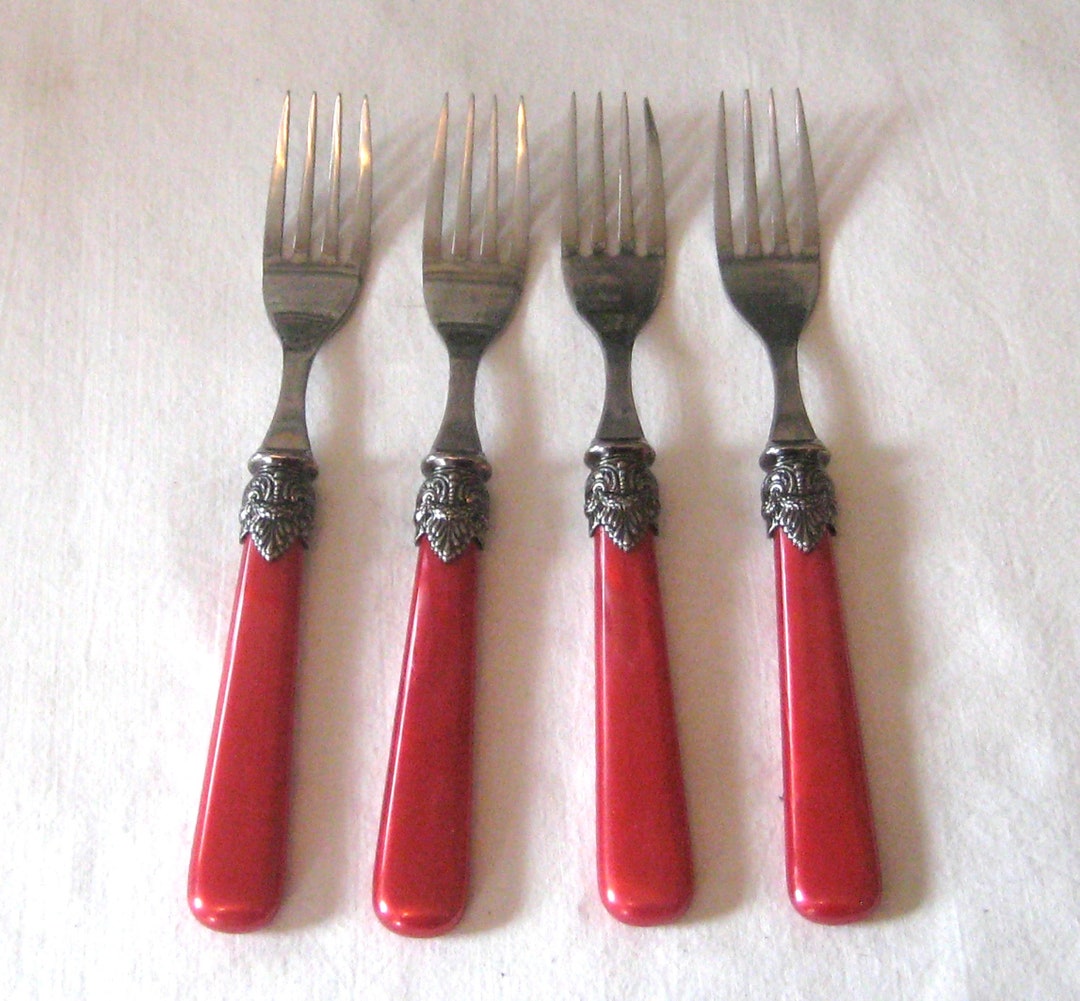 Vintage Set of Four Forks, Red Iridescent Plastic Handles, Silver ...