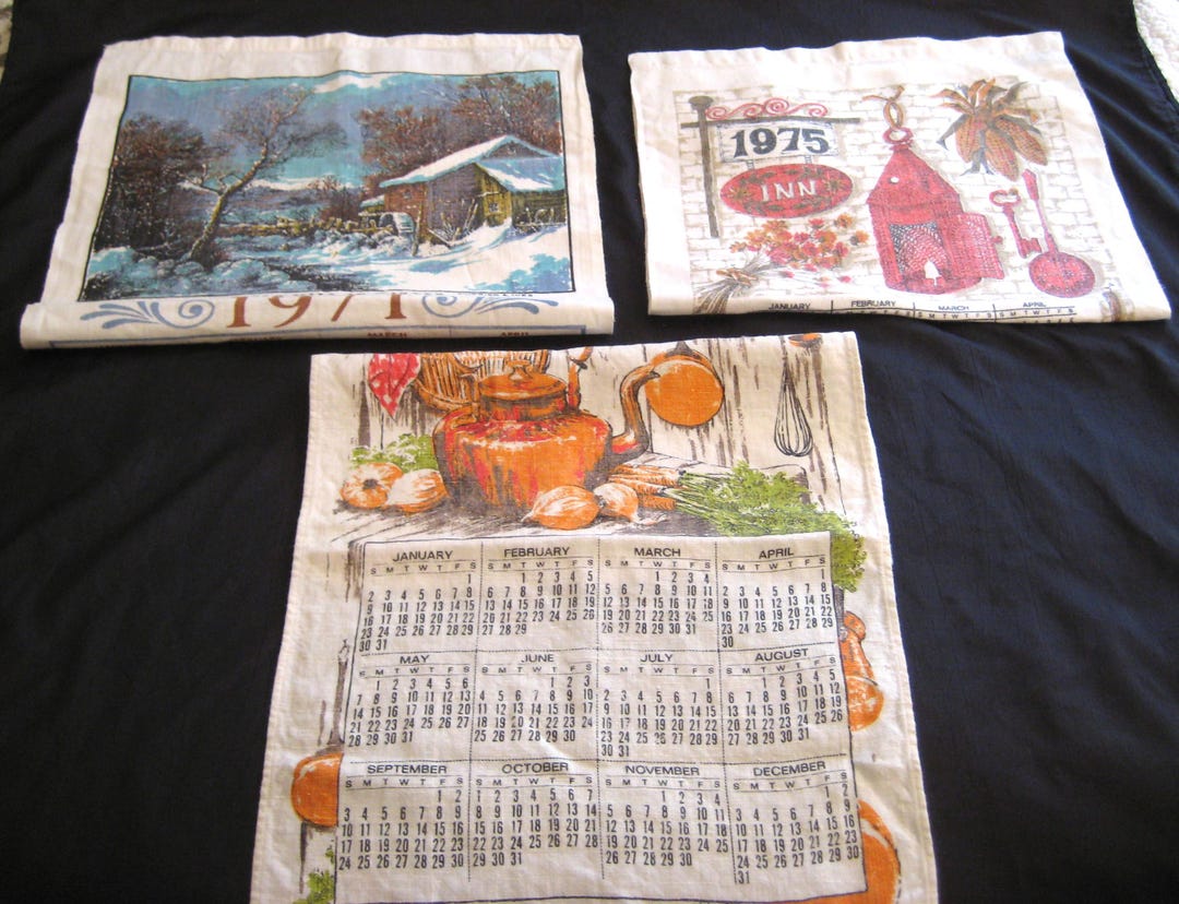 Vintage 1970s Kitchen Towel Wall Calendar, 1971 Currier & Ives Old Mill ...