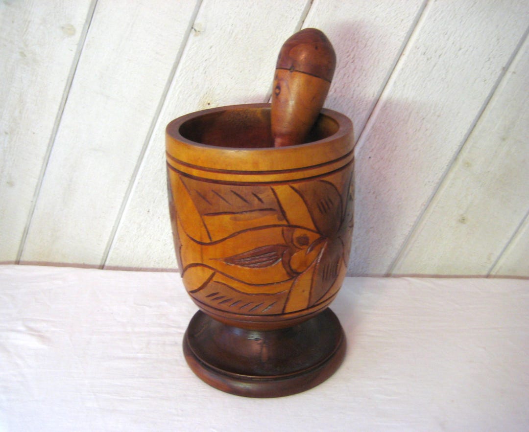 Antique Extra Large Wooden Mortar & Pestle, Handmade Hand Carved, 40s ...