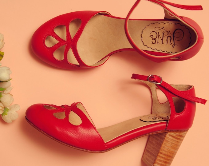 Cherry Pie Handmade Mary Jane Red Leather Woman Shoes in - Etsy