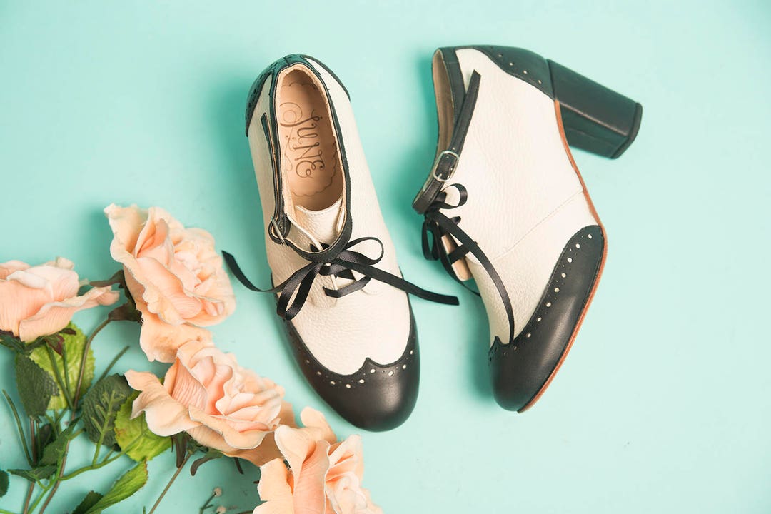 Wingtip Block Heel Black and White Leather Oxford Heels Women Shoes Tie ...