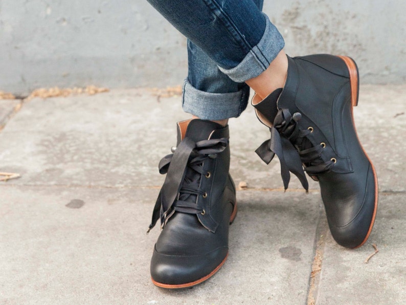 Handmade Black Leather Ankle Boots: Ribbon Lace-up Booties - Etsy