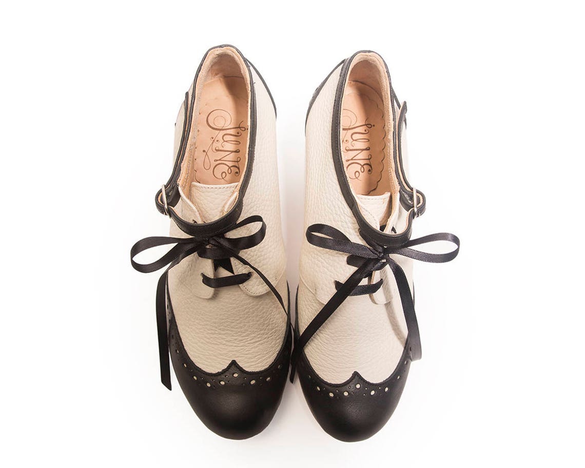 Wingtip Block Heel Black and White Leather Oxford Heels - Etsy