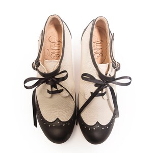 Wingtip Block Heel Black and White Leather Oxford Heels Women Shoes Tie ...