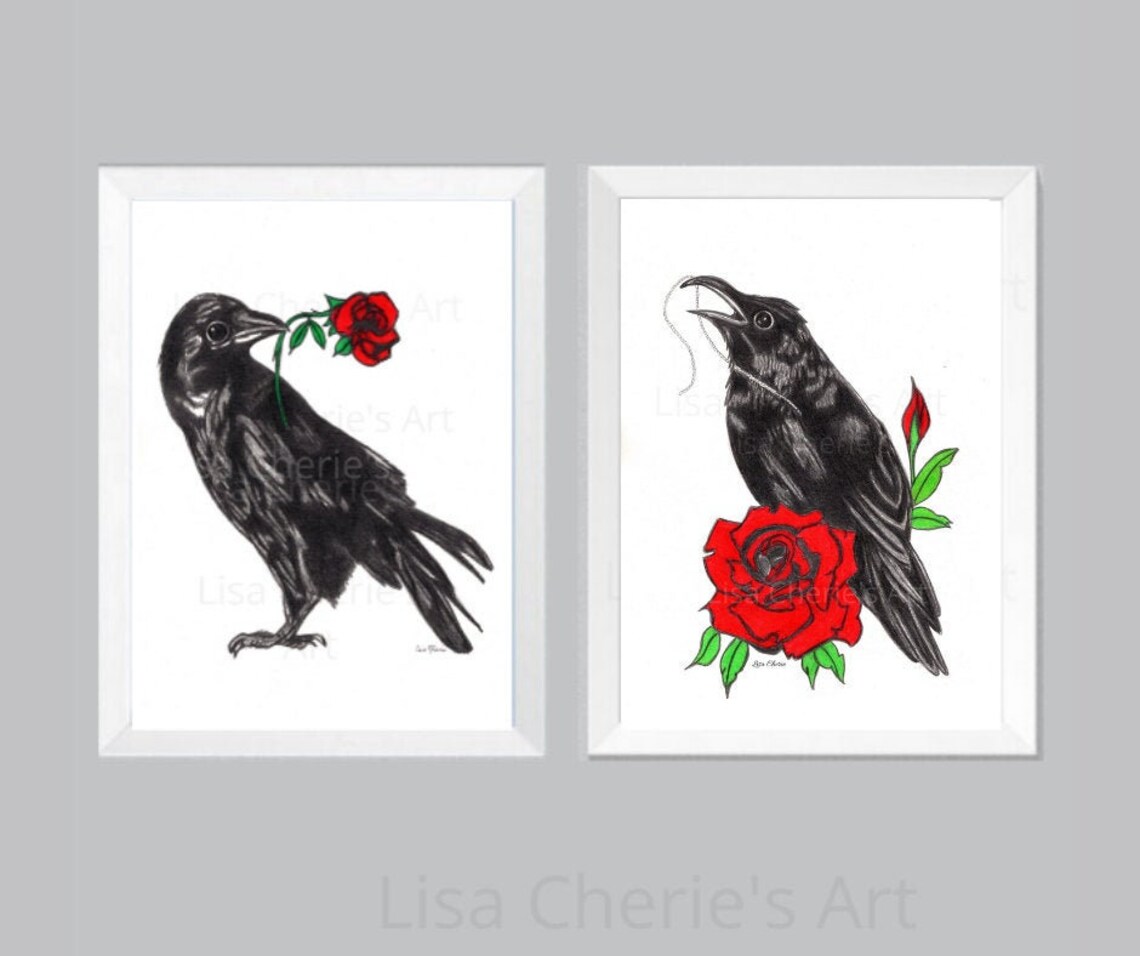 Raven and Rose Prints bird art pencil art prints black | Etsy