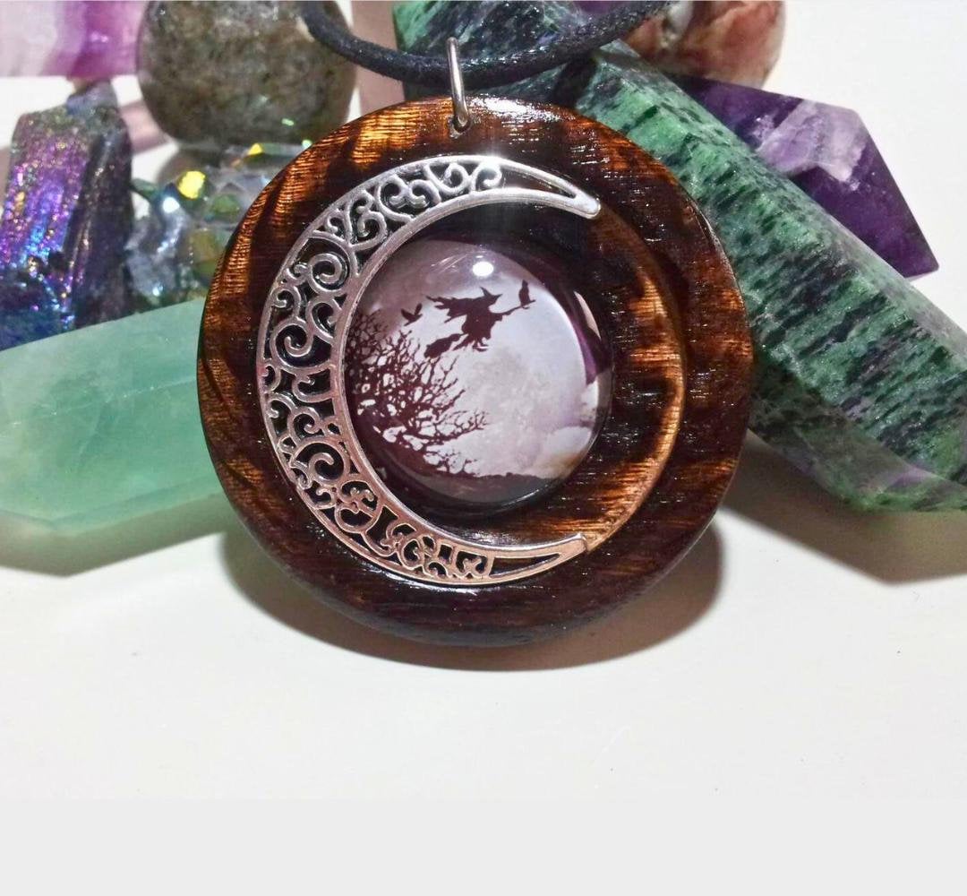 Witch and Moon Pendant in Burnt Oak,witch Jewelry,pagan Jewelry ...