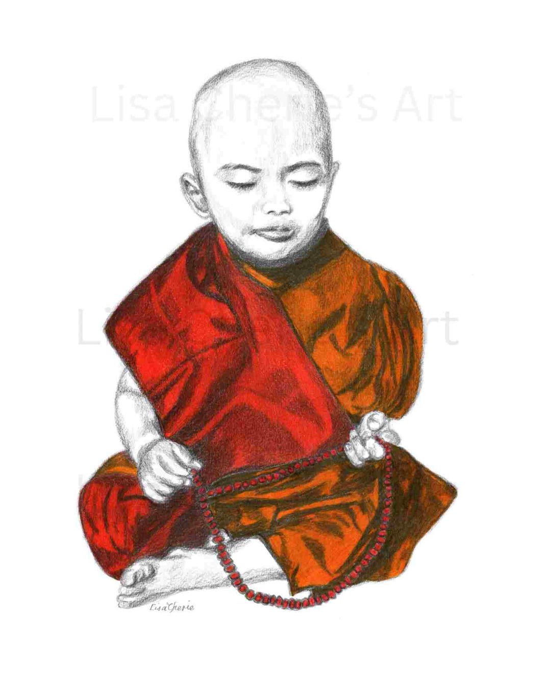 Little Monk With Mala Beads Original Pencil Drawing - Etsy