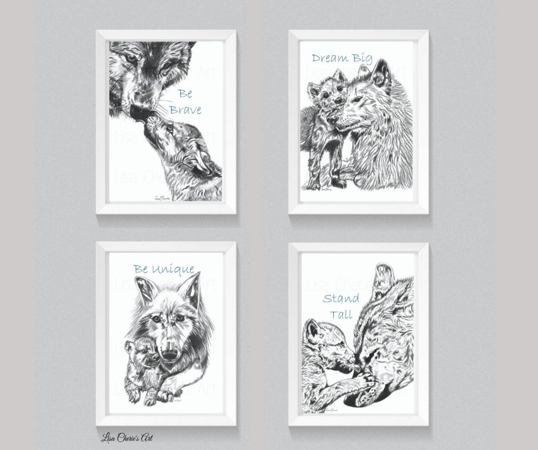 Inspirational Wolf Art, Set of 4 A4 Prints, Baby Wolves, Parenthood ...