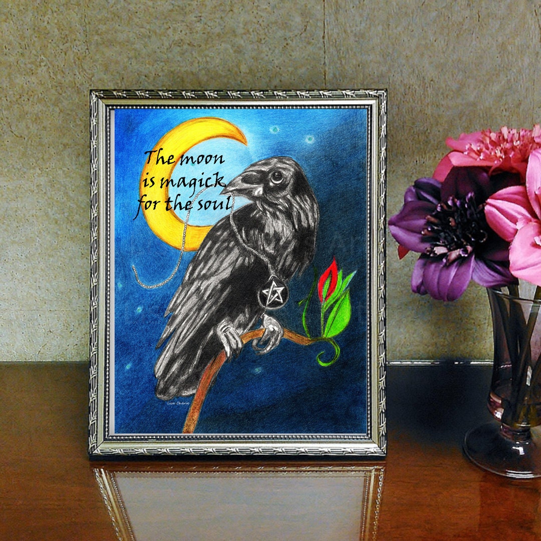The Moon is Magick for the Soul, Raven and Crescent Moon With Pentacle ...