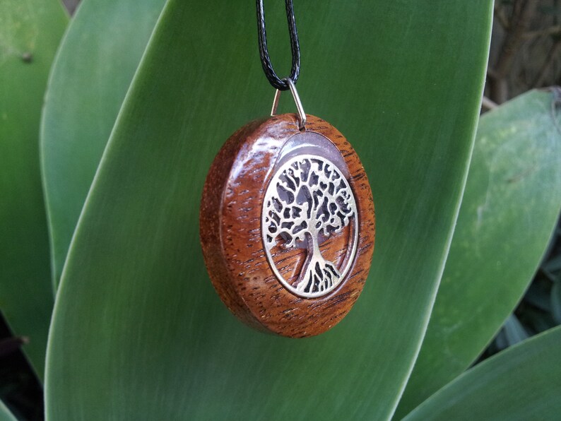 Tree of Life and Moon Pendant in Kwila Wood with a red resin | Etsy