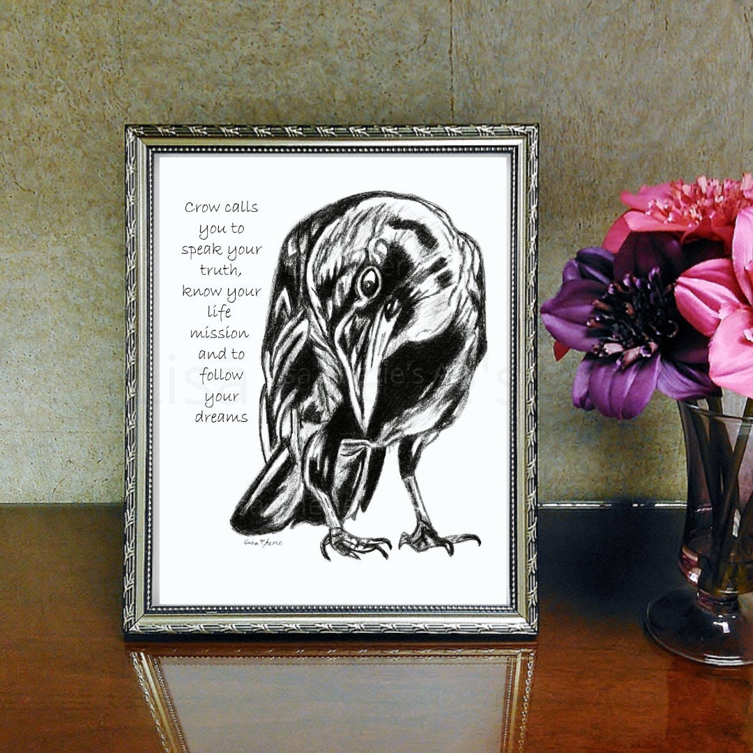 Crow Wisdom Print, Crow Message, Pencil Drawing Print, Monochrome Art ...
