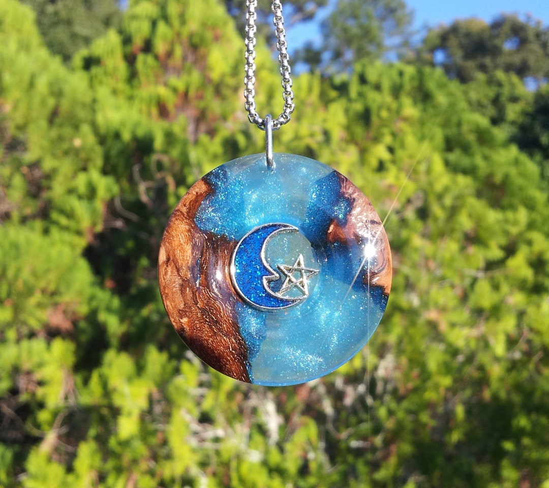Blue Moon and Pentacle Pendant in Recycled Burl Wood and Resin - Etsy ...