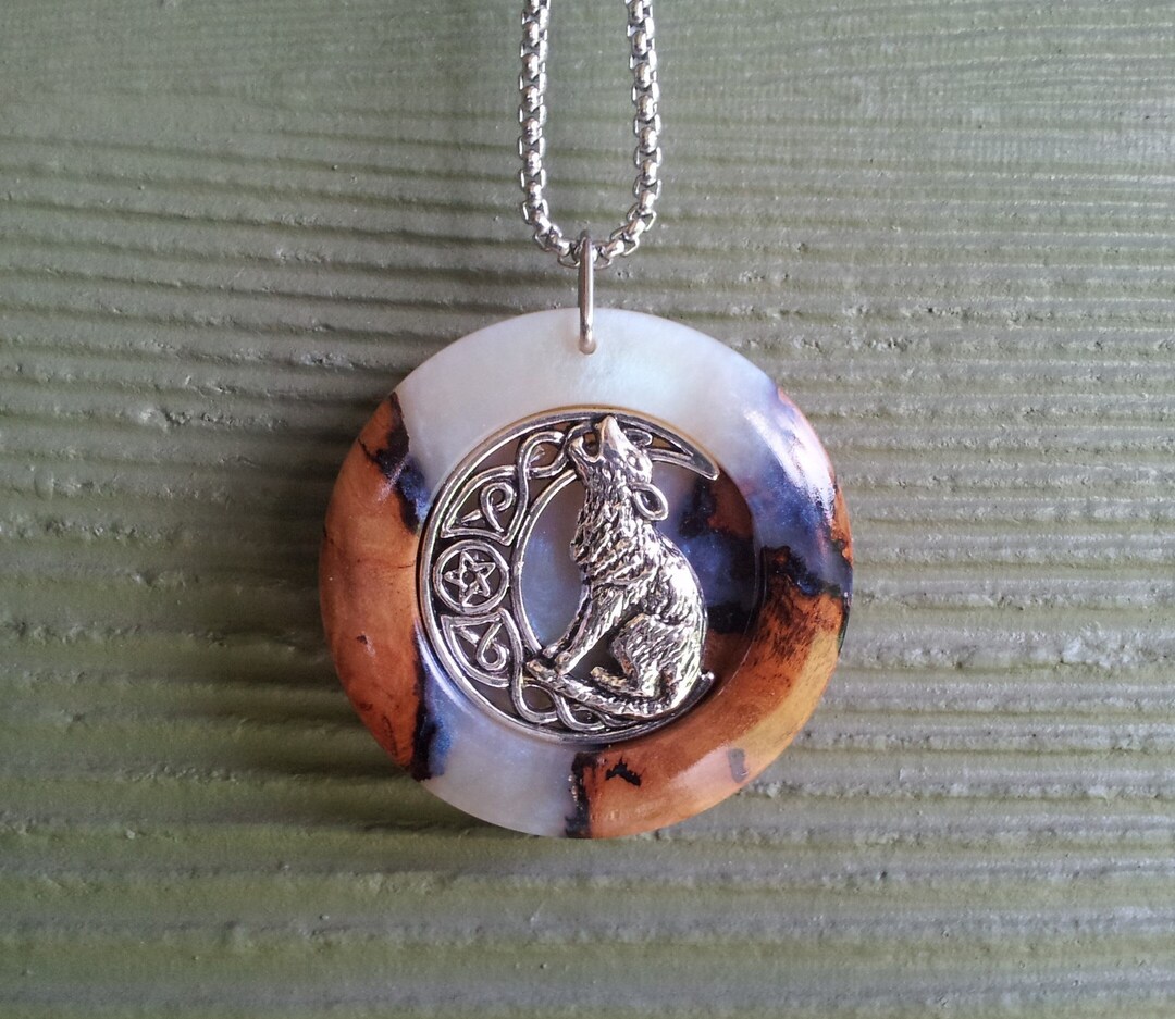 Wolf and Pentacle Moon Pendant in Recycled Burl Wood - Etsy