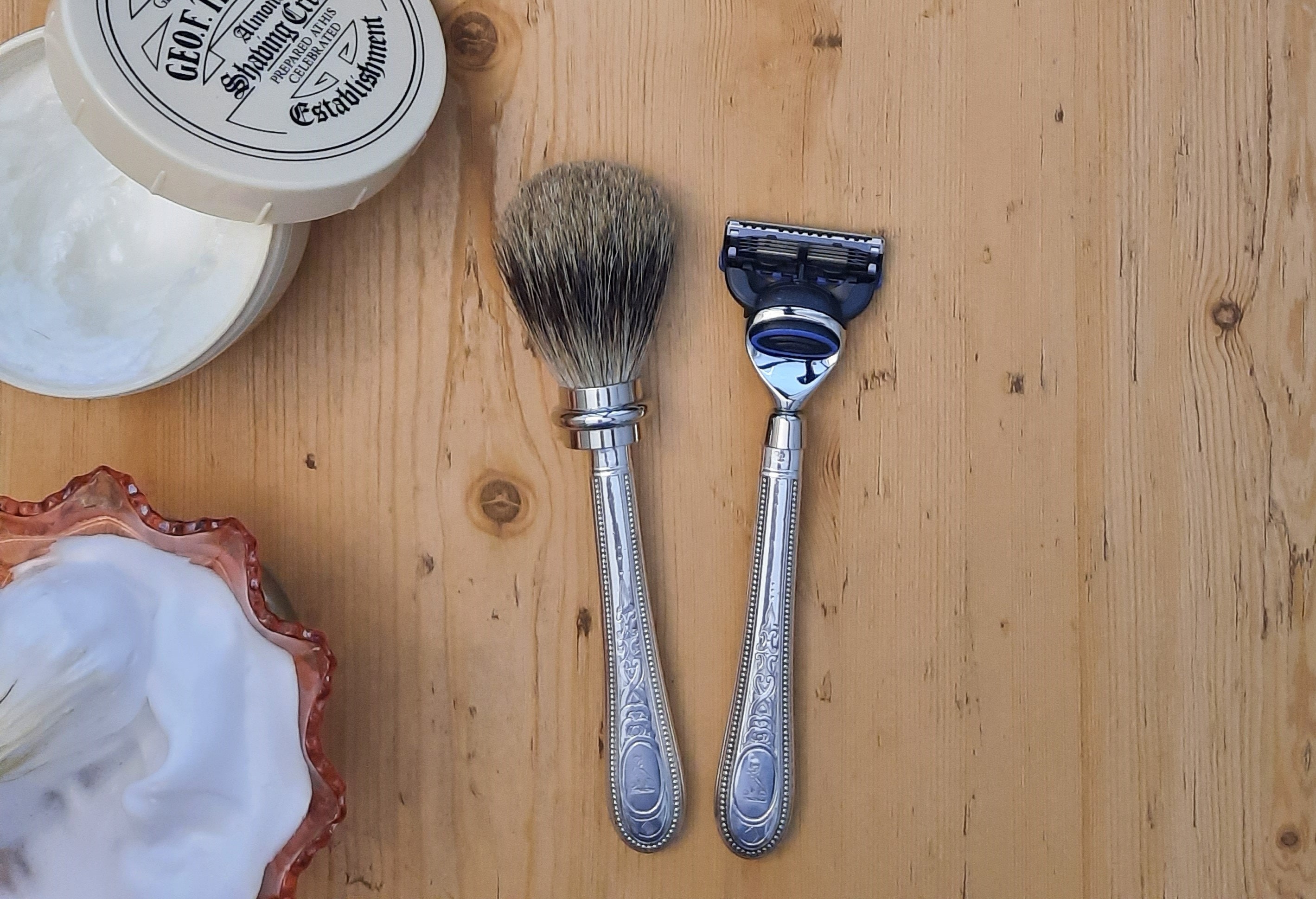 Shaving Brush and Fusion Razor Set with Ornate Antique Silver | Etsy