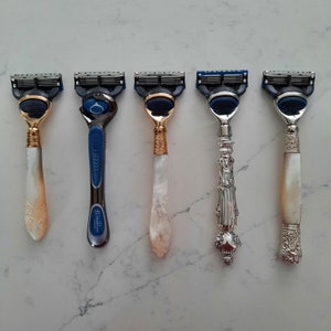 Golden Fusion Razor With Carved Mother of Pearl Handle, Upcycled ...