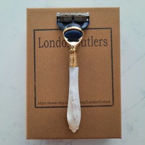 Golden Fusion Razor With Carved Mother of Pearl Handle, Upcycled ...