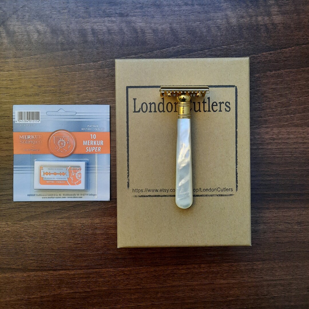 Double Edge Razor Antique Mother of Pearl Handle Gold Plated Merkur ...