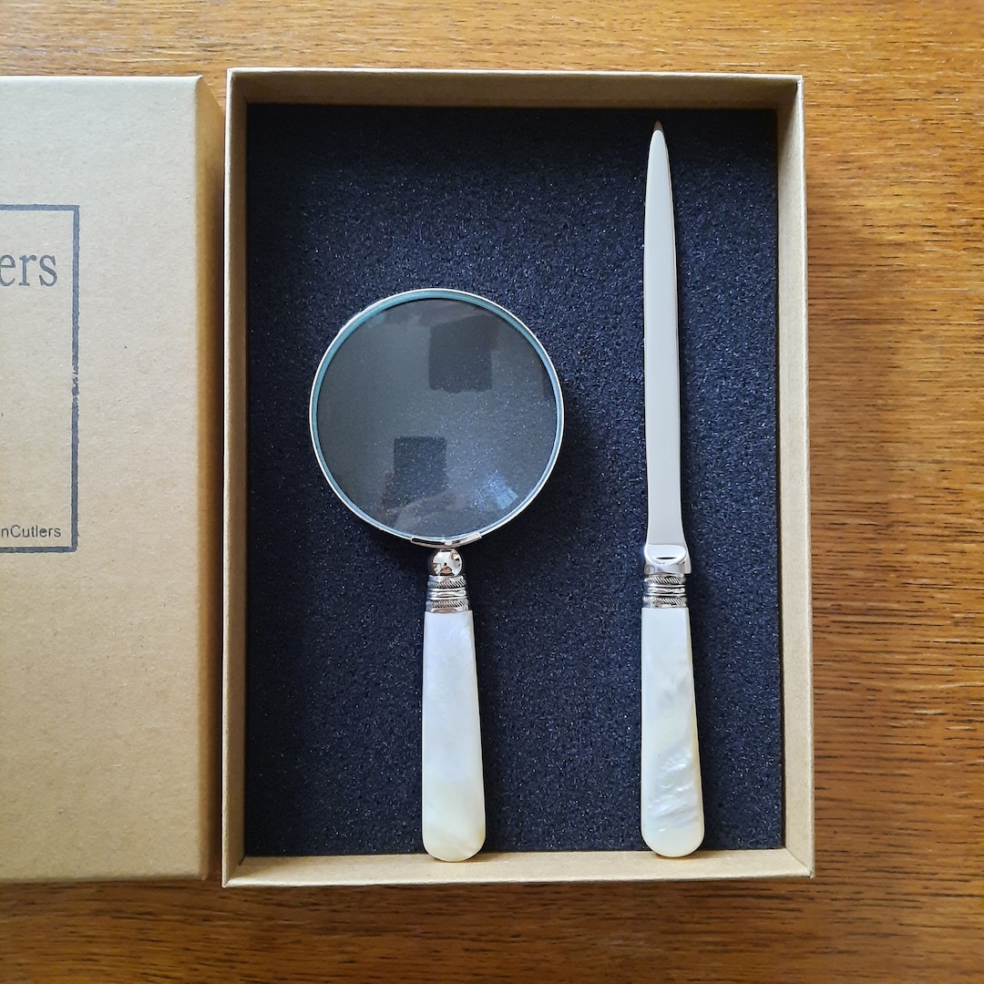 Desk Set Gift, Mother of Pearl Handles, Medium Size Glass Lens ...