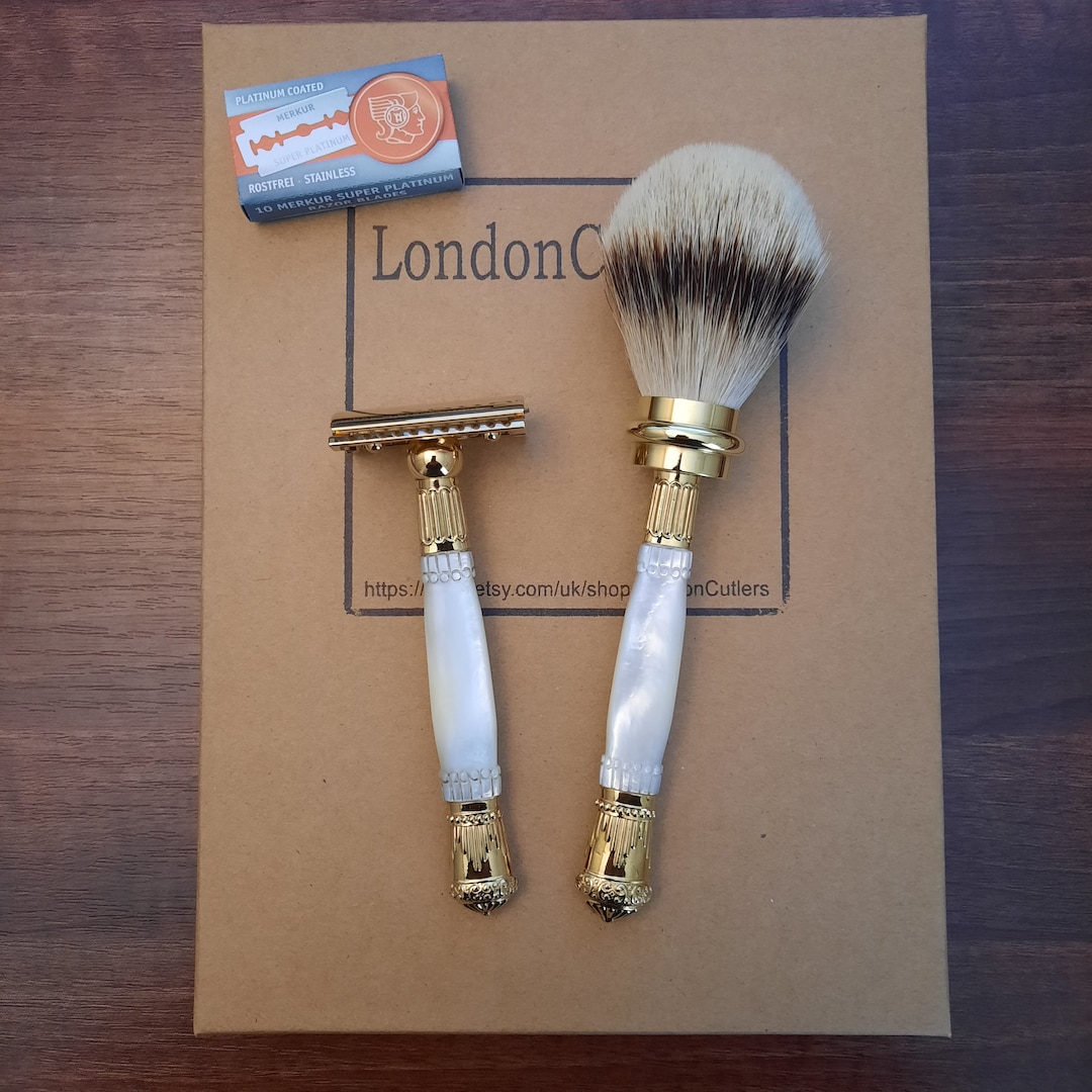 Golden Double Edge Razor With Matching Shaving Brush, Antique Mother of ...