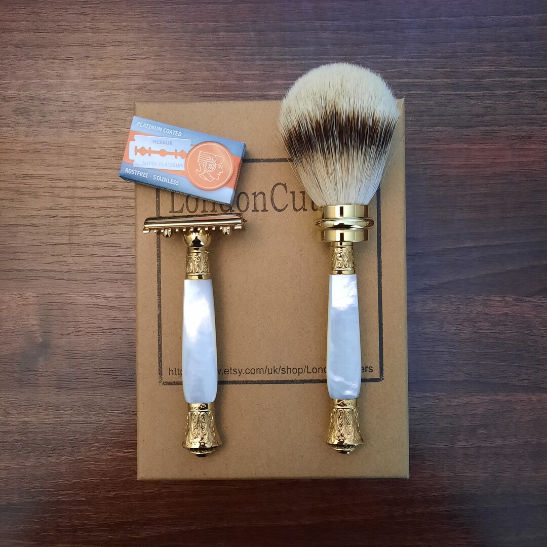 Golden Double Edge Razor With Matching Shaving Brush Antique Mother of ...