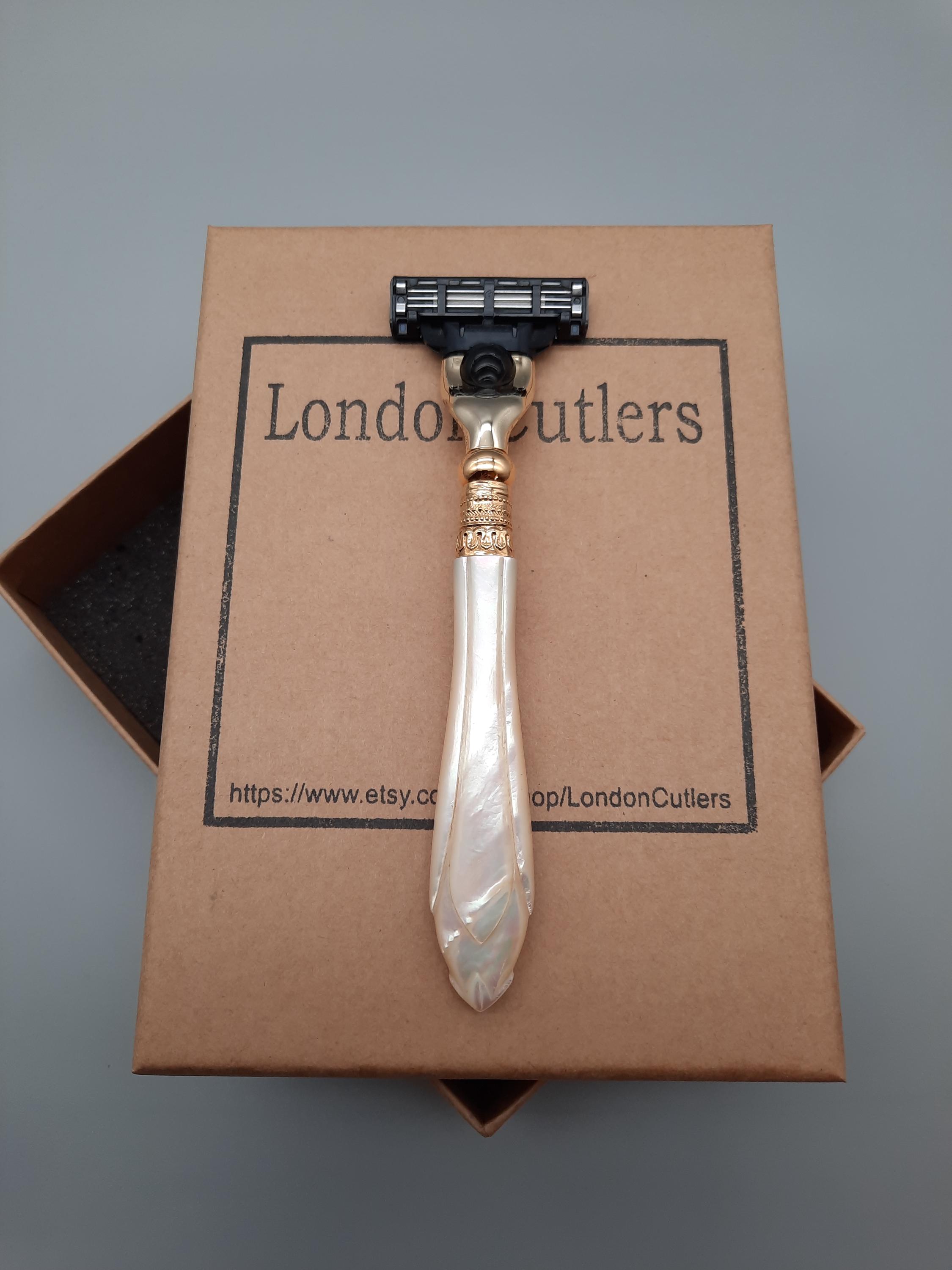 Mach 3 Razor Carved Mother of Pearl Handle, Recycled Antique Cutlery ...