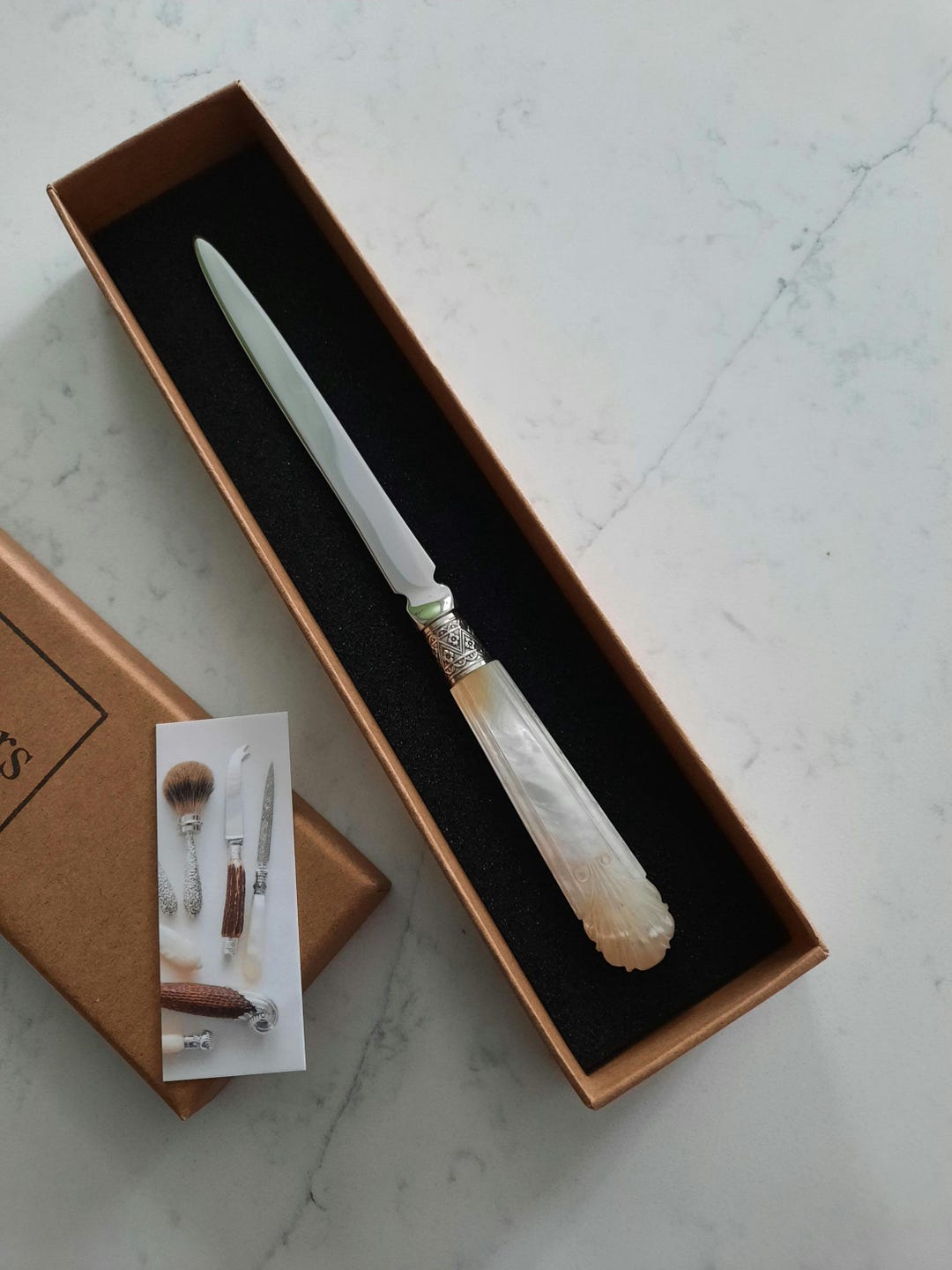 Small Letter Opener Carved Mother of Pearl Handle, Ornate Ferrule ...