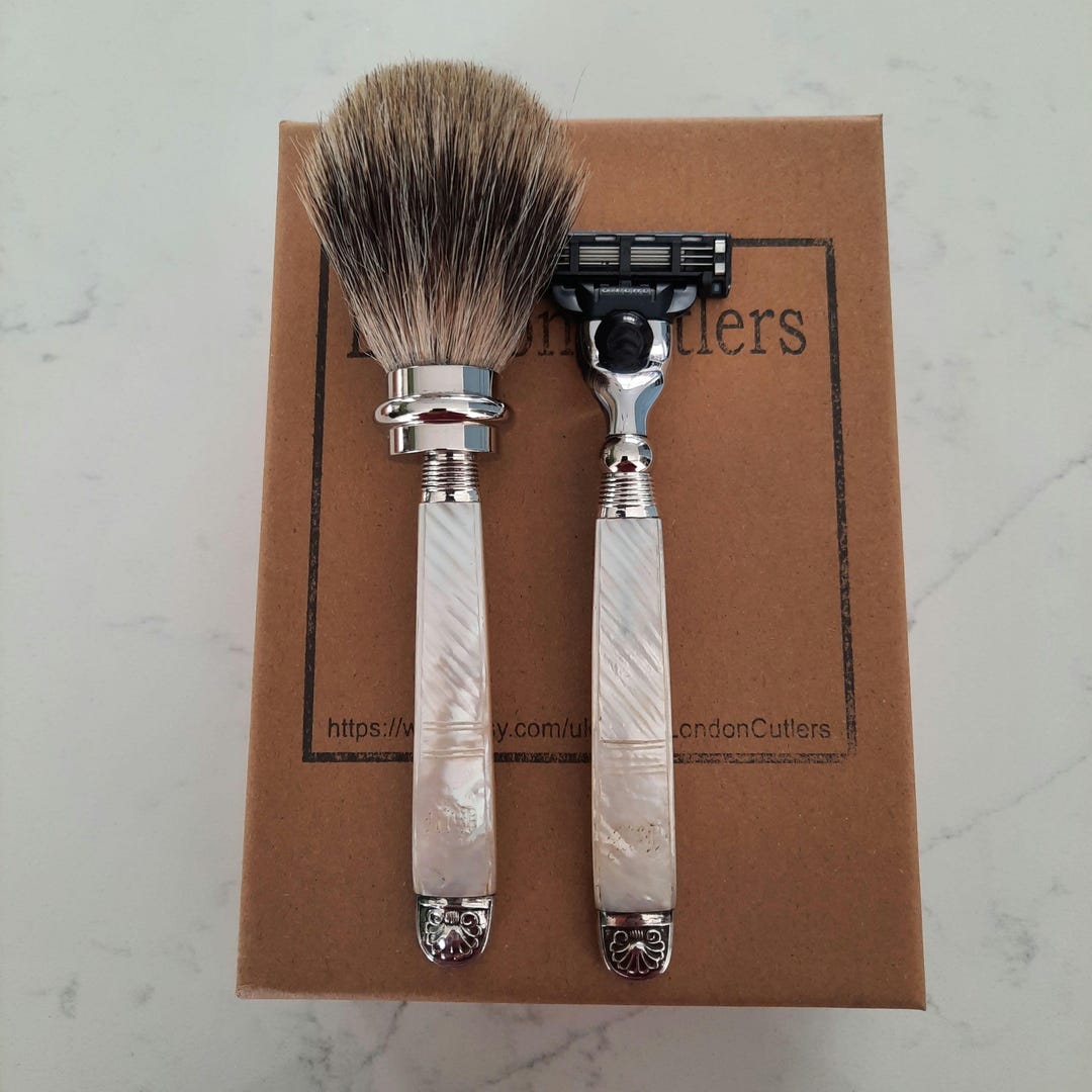 Shaving Brush and Mach 3 Razor Set With Vintage Mother of Pearl Handles ...