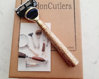 Golden Fusion Razor With Carved Mother of Pearl Handle, Upcycled ...
