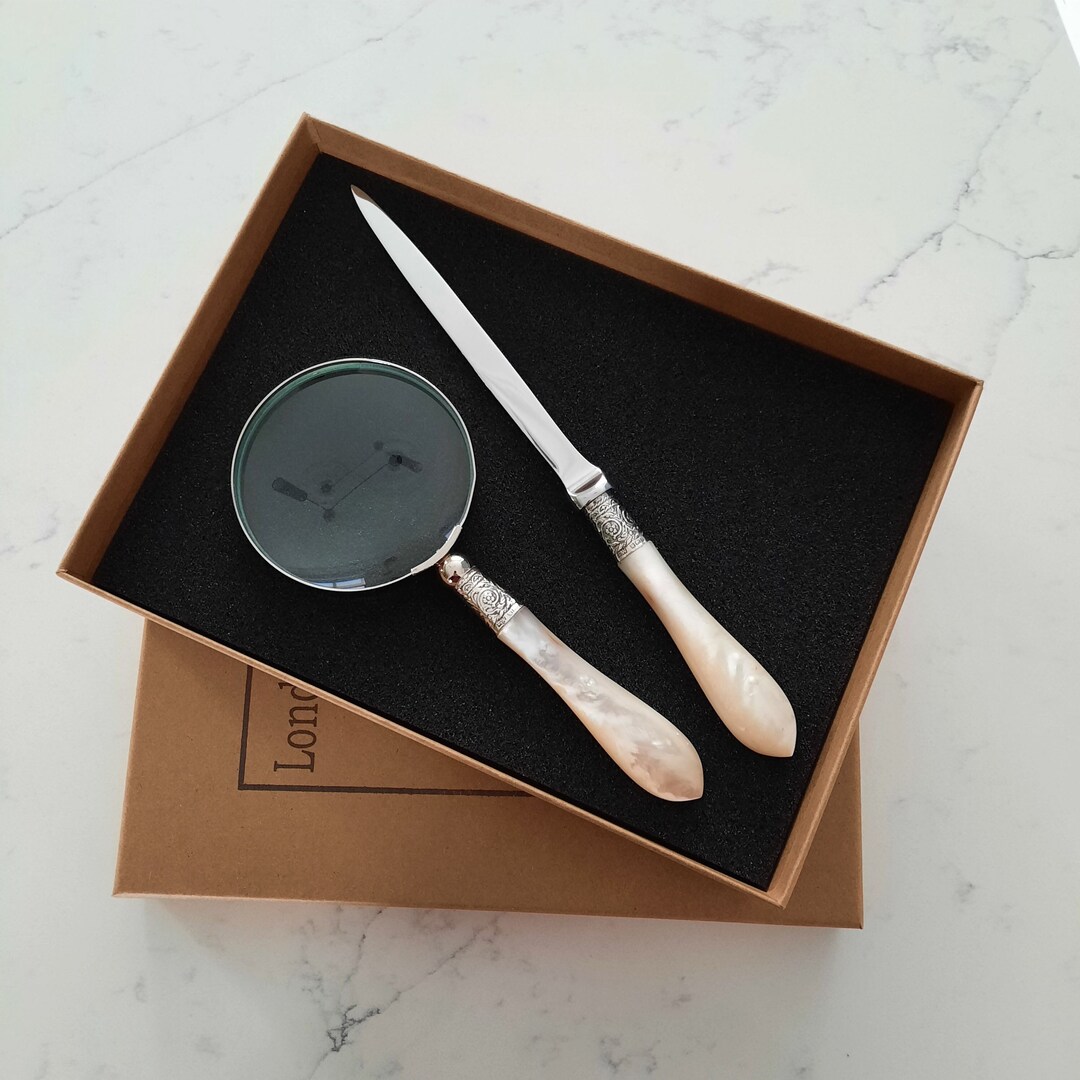 Desk Set Gift, Mother of Pearl Handles, Medium Size Glass Lens ...
