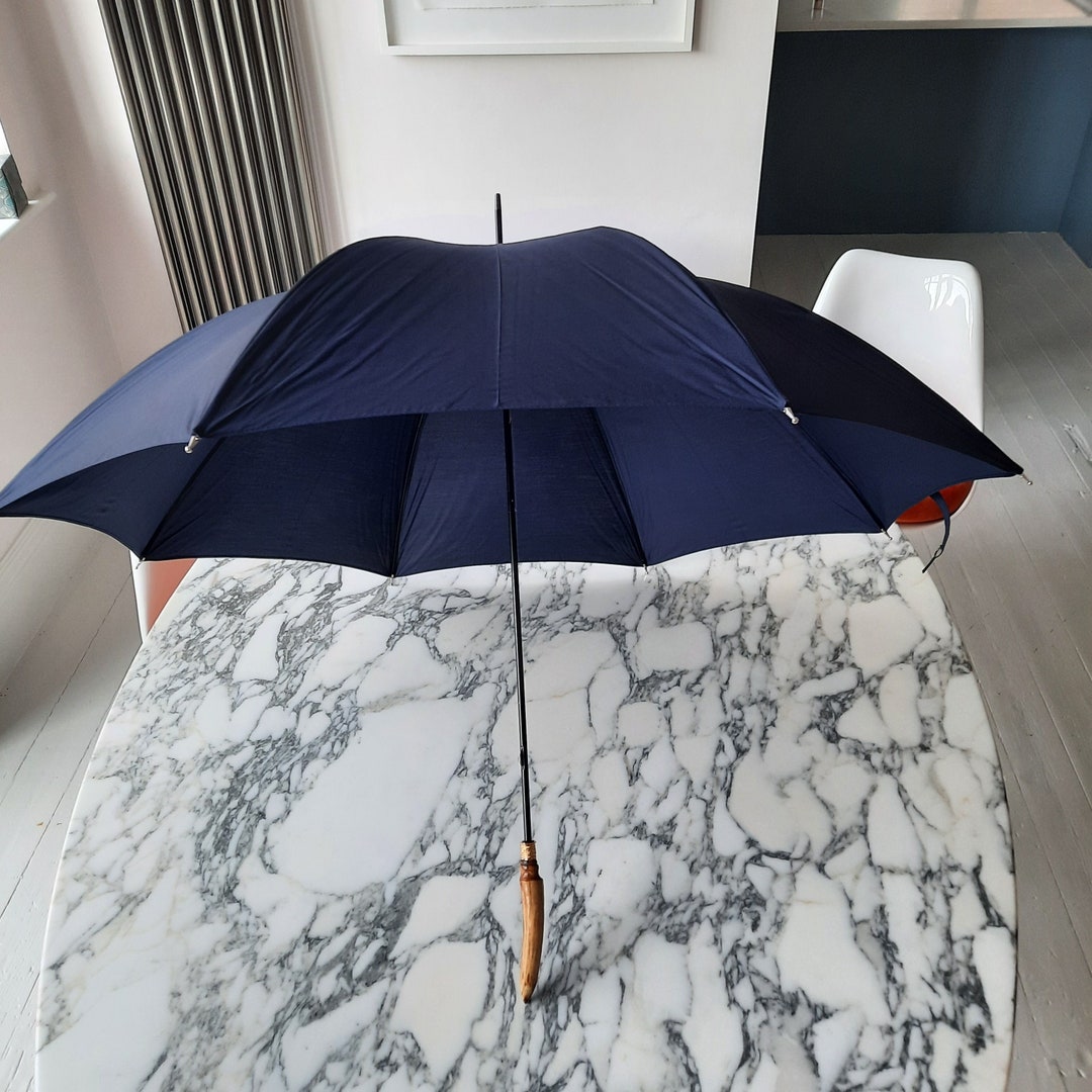 Navy Blue Umbrella, Horn Handle With Gold Plated Ferrule, Upcycled ...