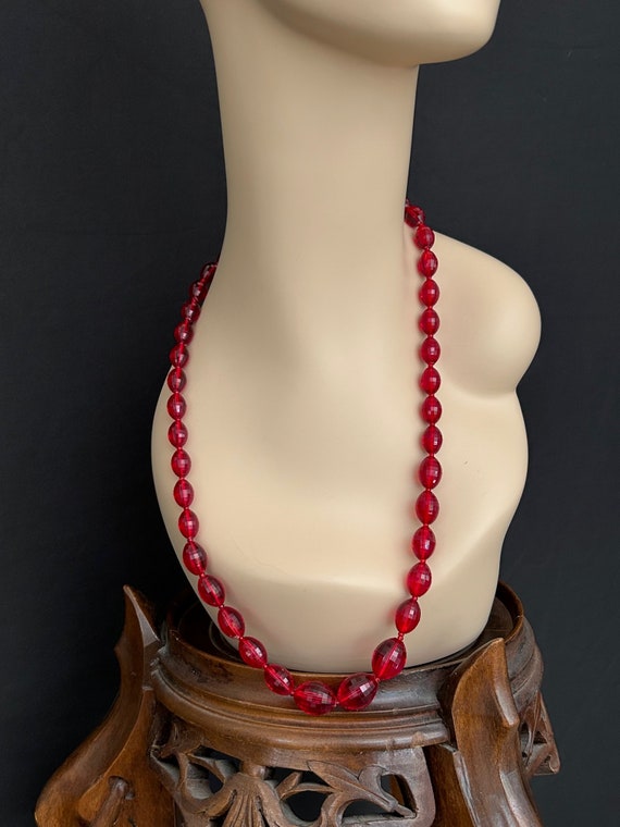 Vintage Lucite Red Faceted Bead Necklace Gem