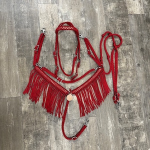 Red Horse Tack Set With Fringe Breast Collar, Browband Headstall, Reins ...