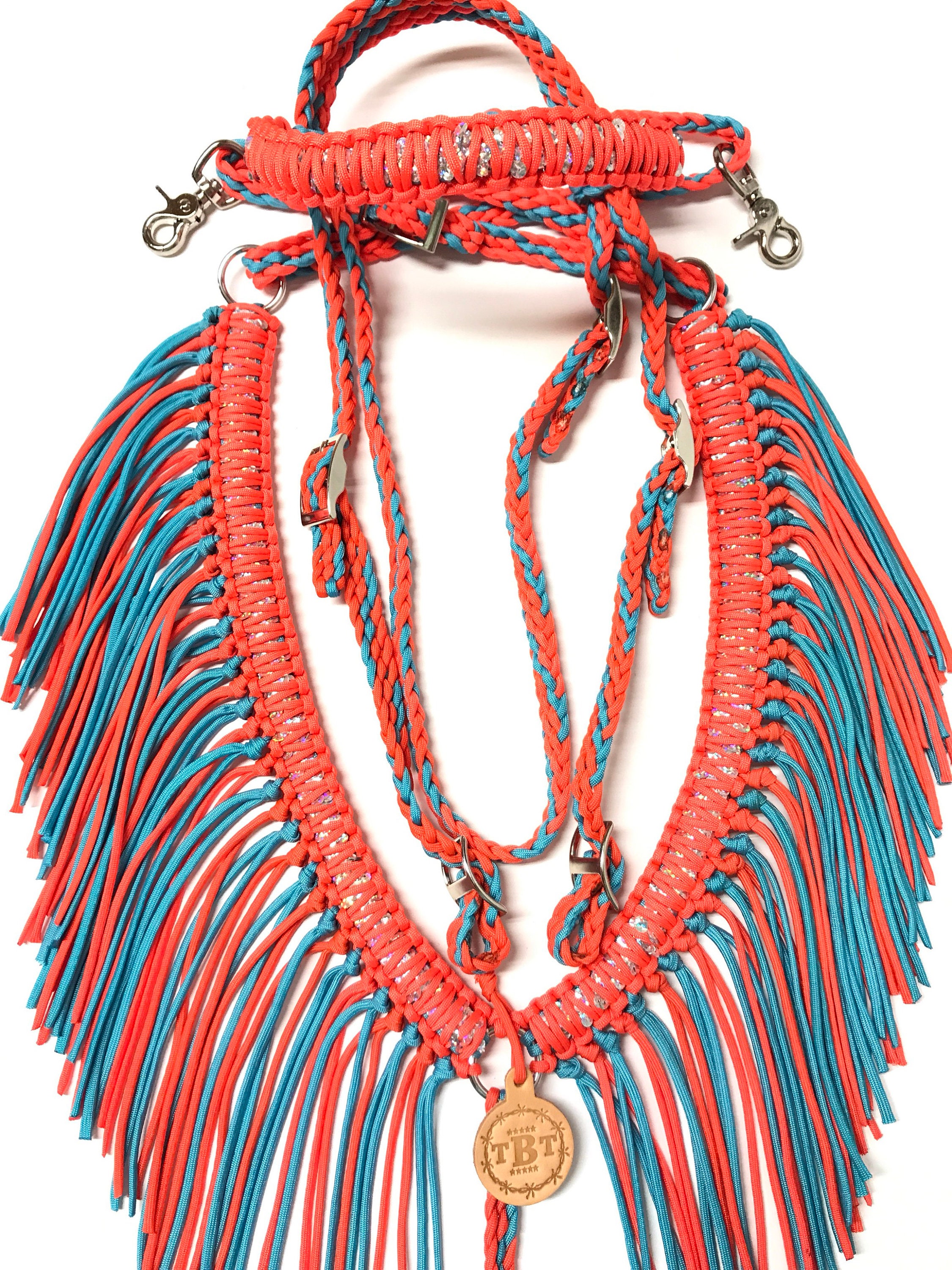Orange and Turquoise Custom Paracord Fringe Tack Set, Fringe Breast ...