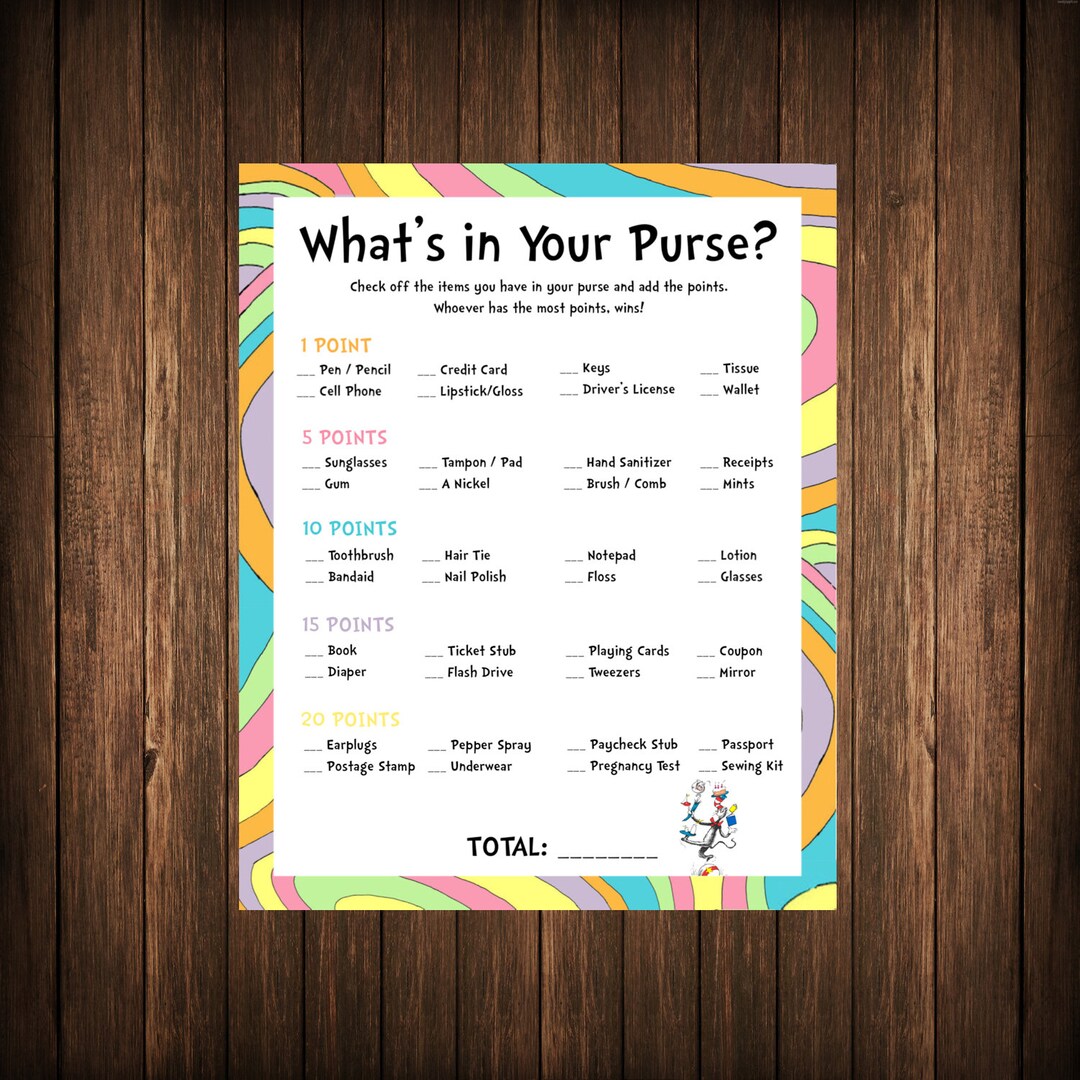 Purse Game, Oh the Place You'll Go, Baby Shower Game, What's in Your ...