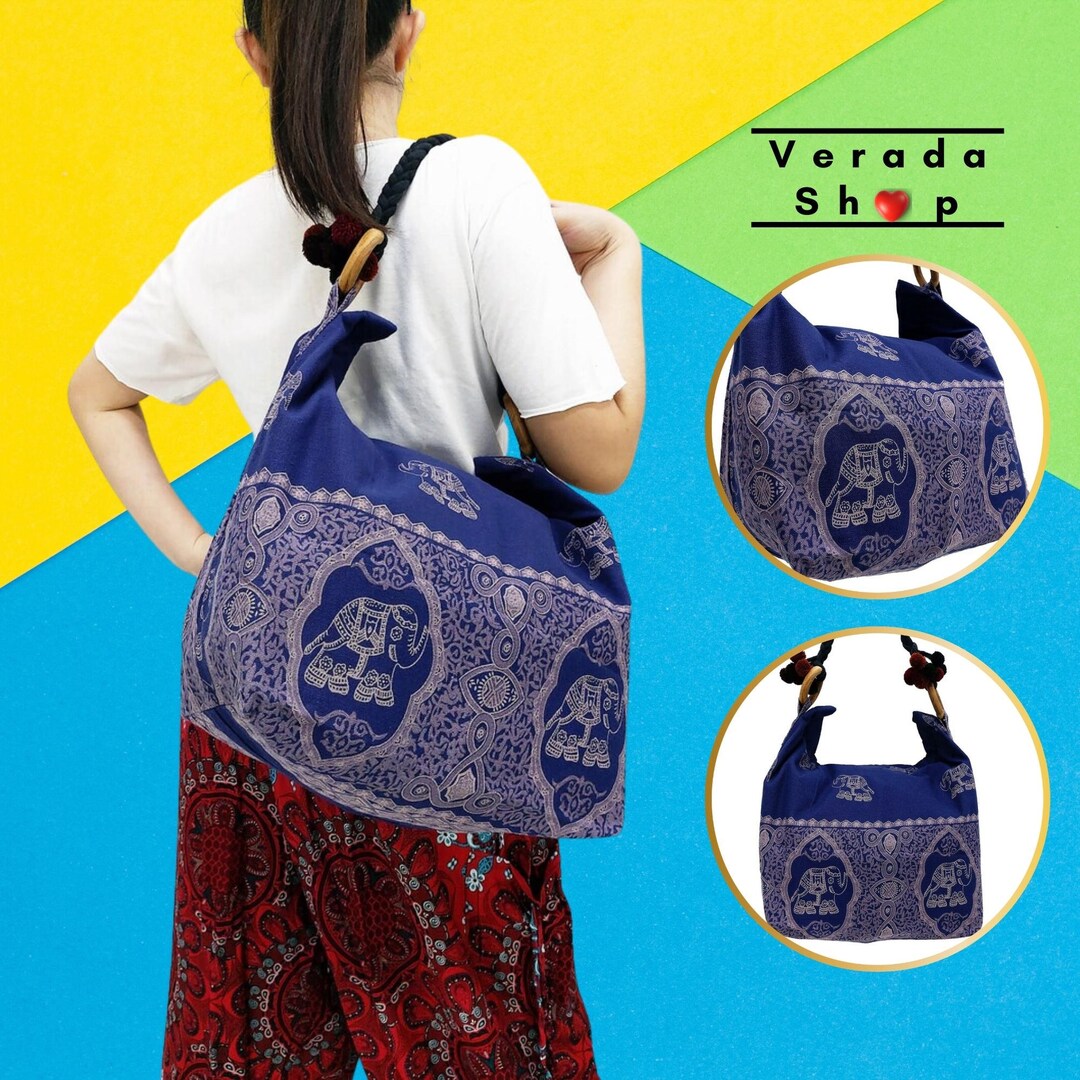 Verada-navy Blue Thai Cotton Hobo Bag: Elephant Print, Pom Pom Strap ...