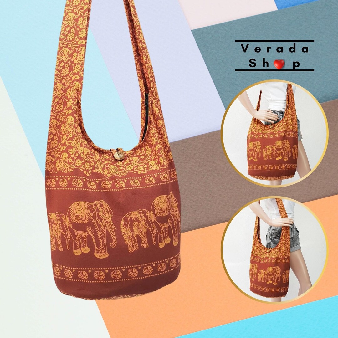 Verada-cotton Hobo Bag: Burnt Orange Elephant Print Boho Crossbody - Etsy