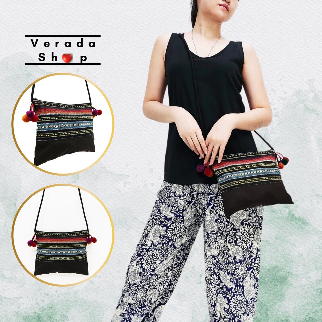 Thai Woven Bag,cotton Bag,mini Bag Pom Pom Bag Cotton Purse Hippie Bag ...