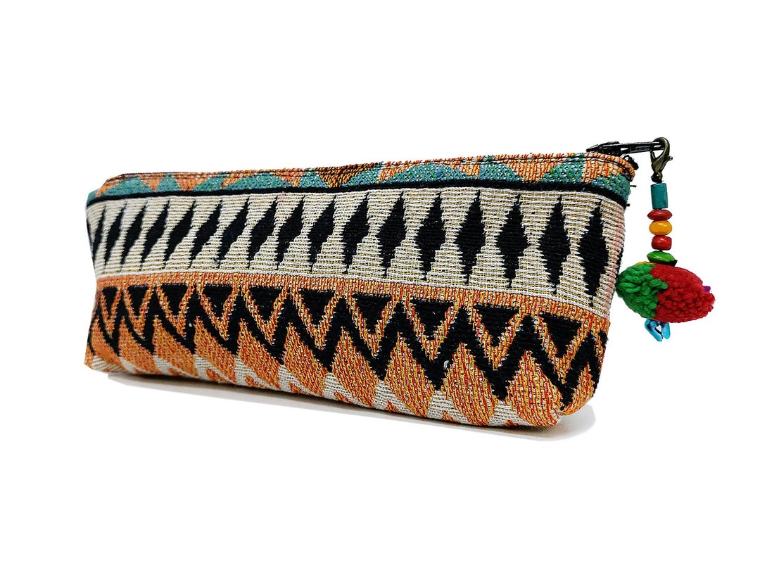 Verada-woven Pencil Case: Cotton Zipper Pouch With Pom Pom Charm - Etsy