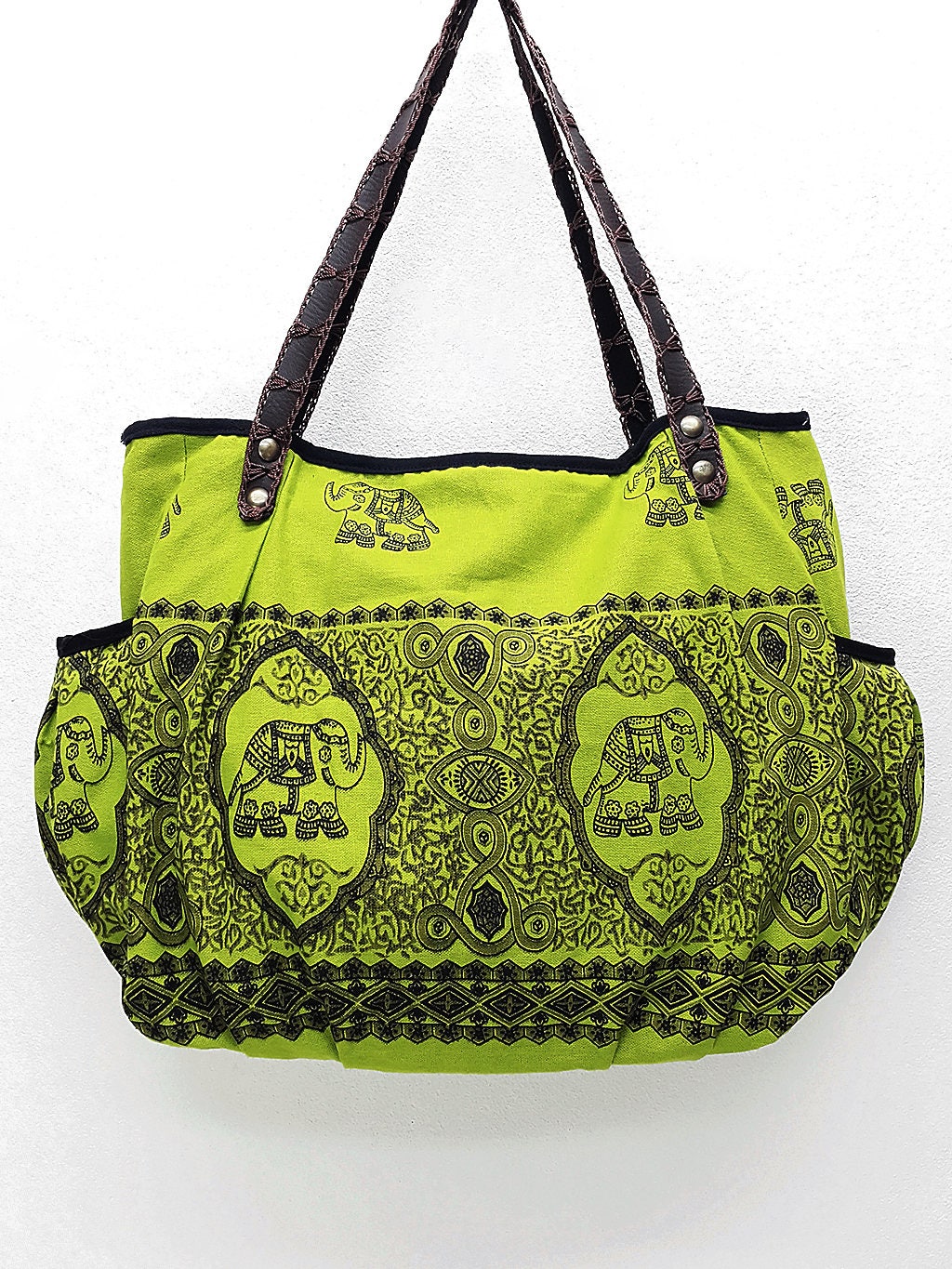 Verada-thai Cotton Hobo Bag: Green Elephant Print Shoulder Tote - Etsy