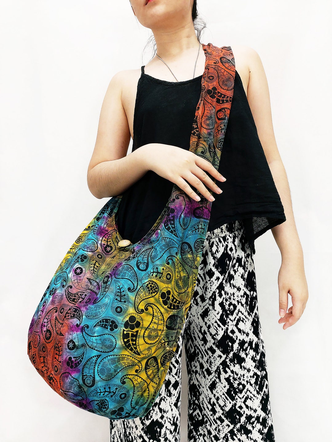 Verada-tie Dye Cotton Hobo Bag, Hippie Crossbody Sling, Rainbow Paisley ...