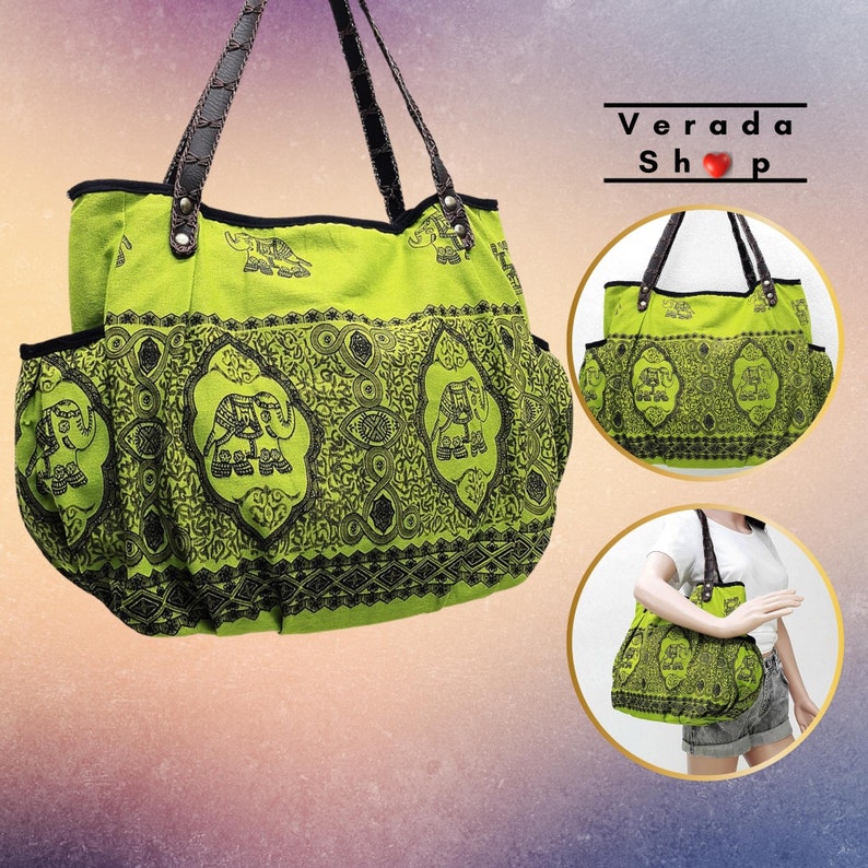 Verada-thai Cotton Hobo Bag: Green Elephant Print Shoulder Tote - Etsy
