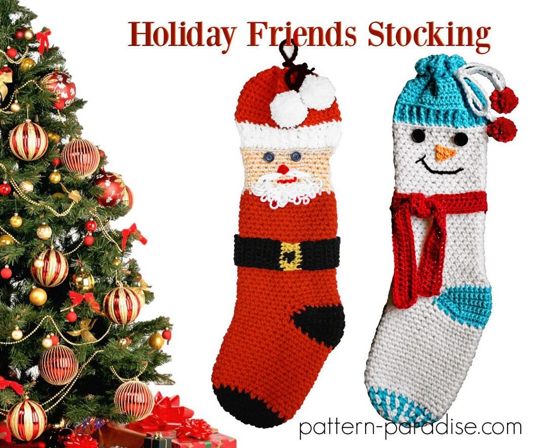Crochet Pattern for Christmas Stocking, Holiday Friends Snowman Santa ...