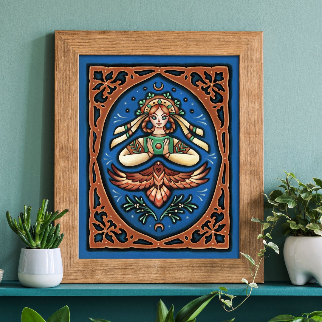 Hawk Pagan Folk Art Print 8x10 Oil Painting Print Norse Sun Goddess ...