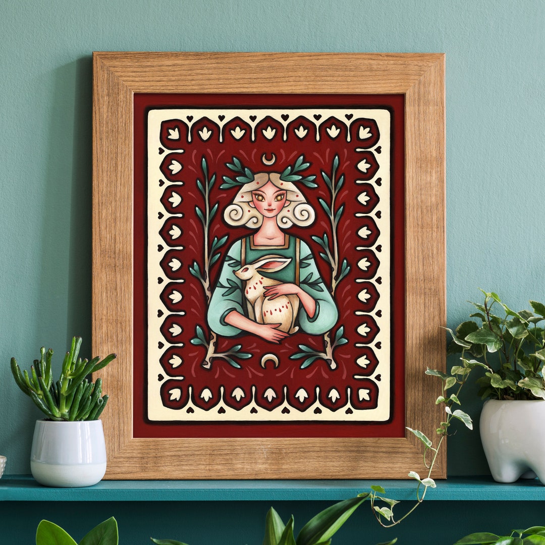 Rabbit Pagan Folk Art Print 8x10 Oil Painting Print Norse Earth Goddess ...