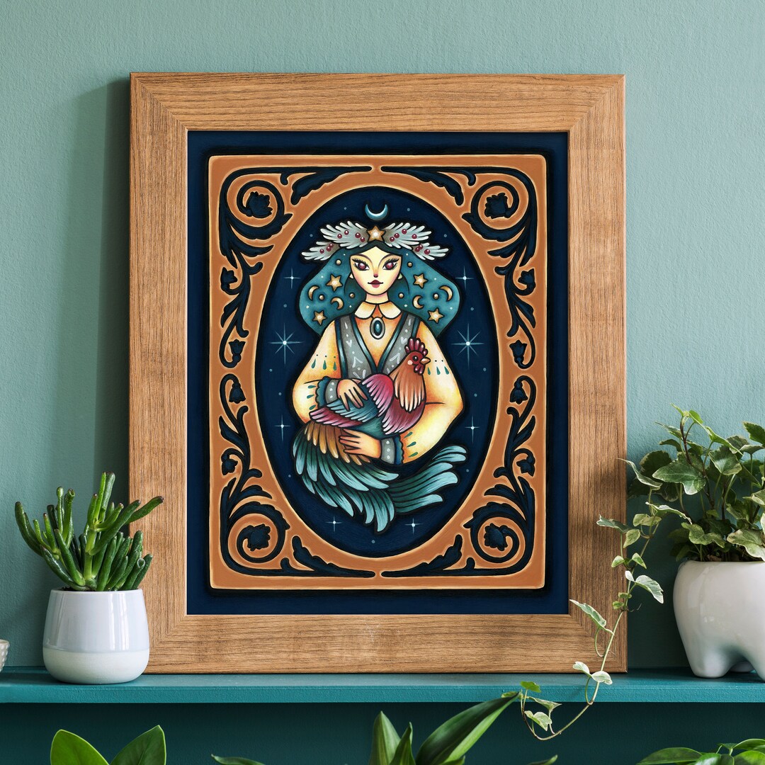 Rooster Pagan Folk Art Print 8x10 Oil Painting Print Norse Fate Goddess ...