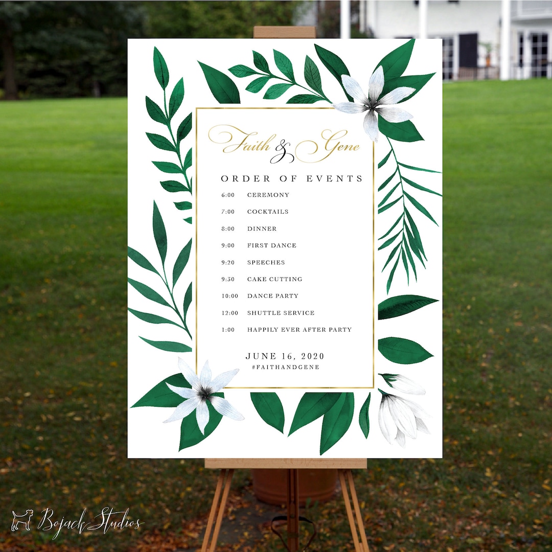 Leafy Wedding Schedule Poster, Wedding Events Timeline Poster ...