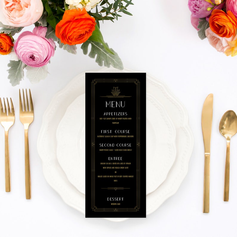Art Deco Wedding Menu Cards, Printable Wedding Menu, Custom Wedding ...
