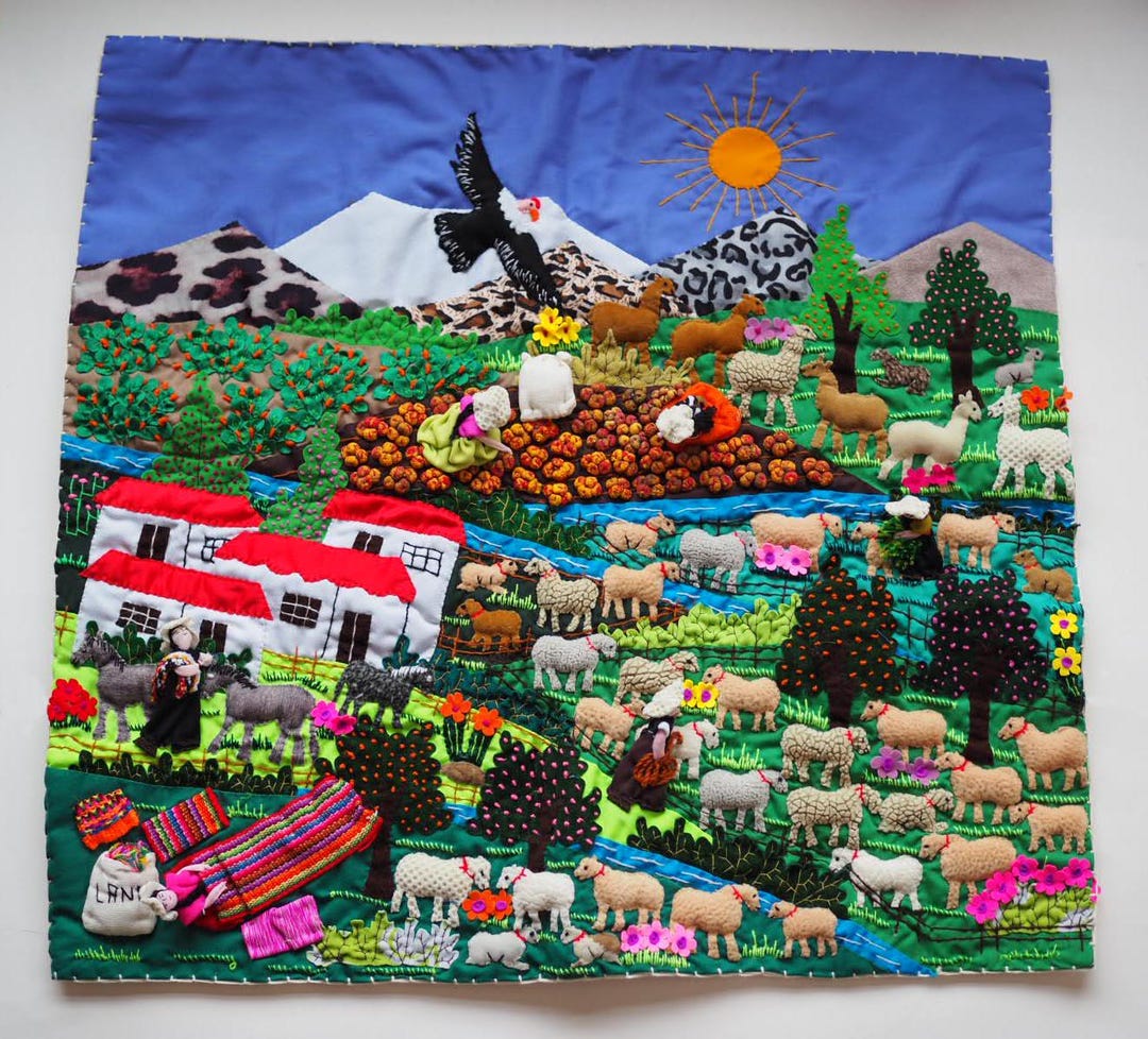 Arpillera Handmade Peruvian Wall Art, Colourful Andean Village Scene ...