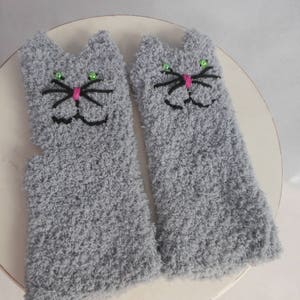 Crocheted Fingerless Mittens Gloves Grey Cats Handmade Gloves Animal ...