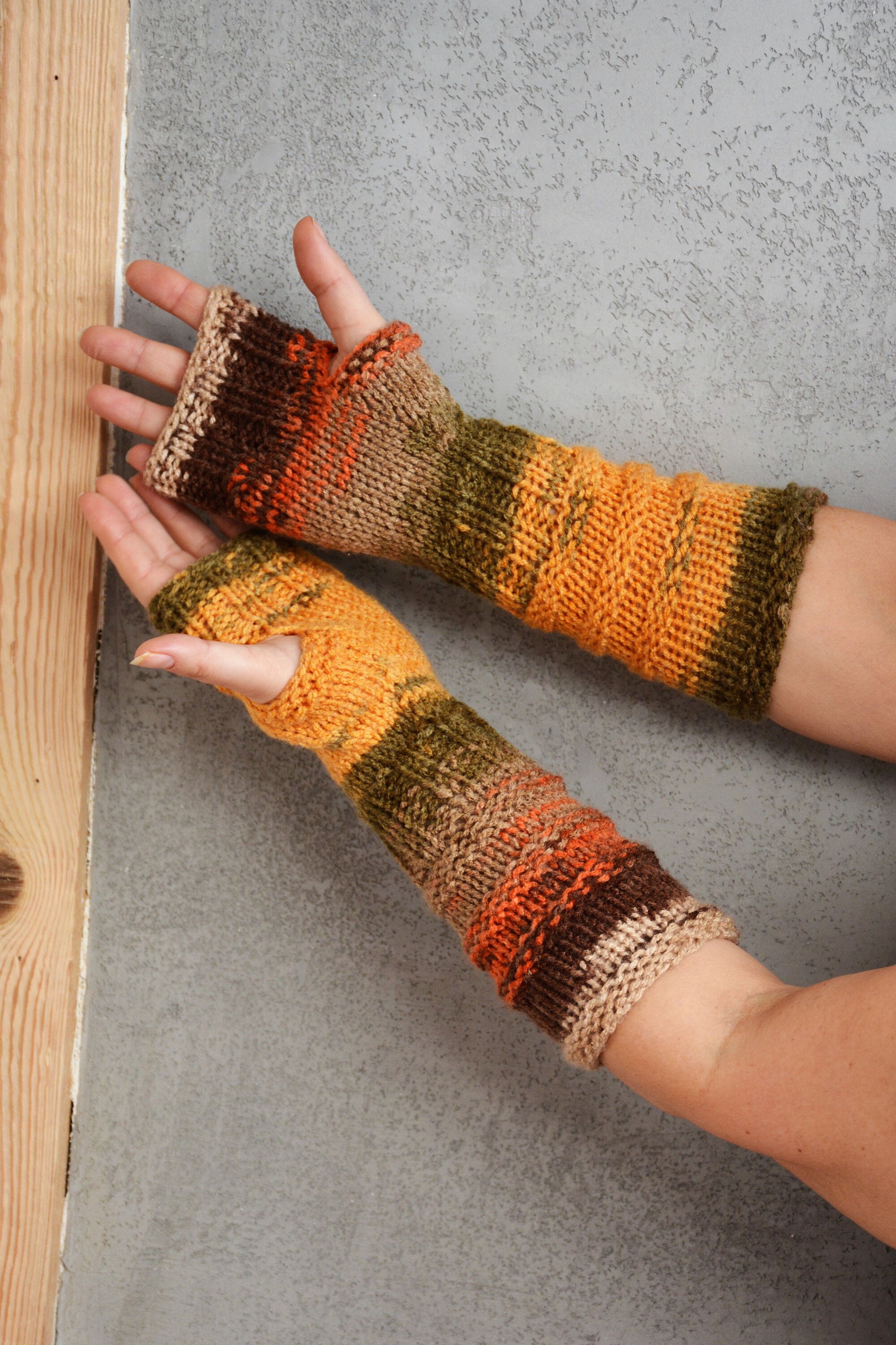 Hand Knitted Fingerless Mittens Wool Gloves Green Blue Yellow Colors ...